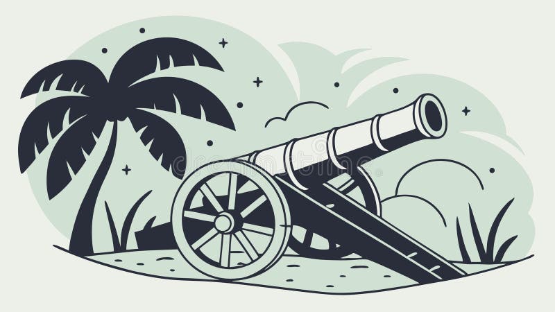 Cannon on Beach with Palm Tree Silhouette, Vector Design Generative AI ...