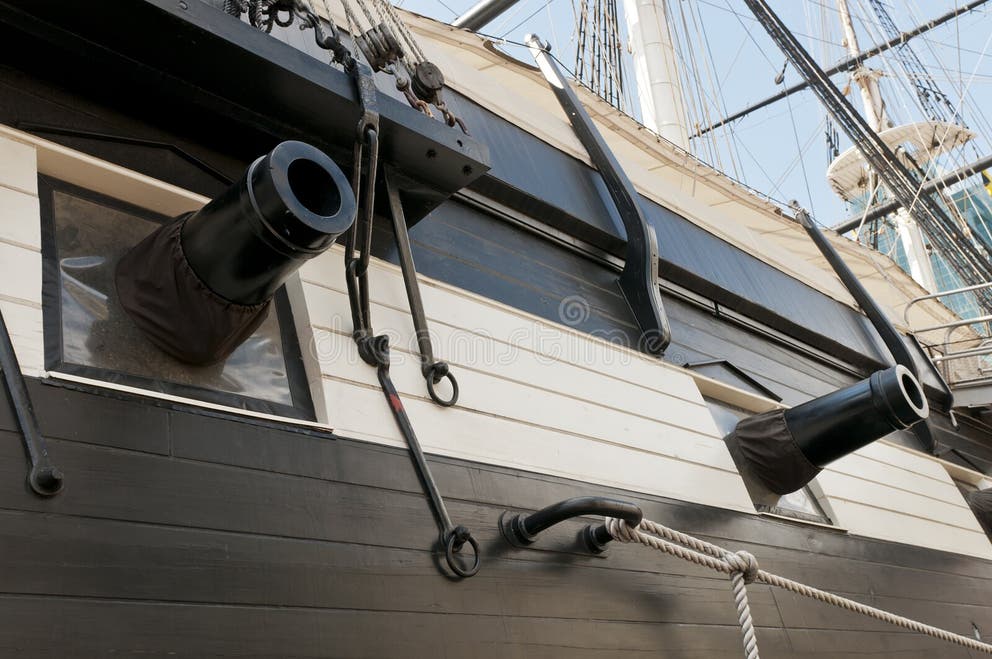 Cannon on Old Naval Gunship Stock Photo - Image of vintage, wooden ...