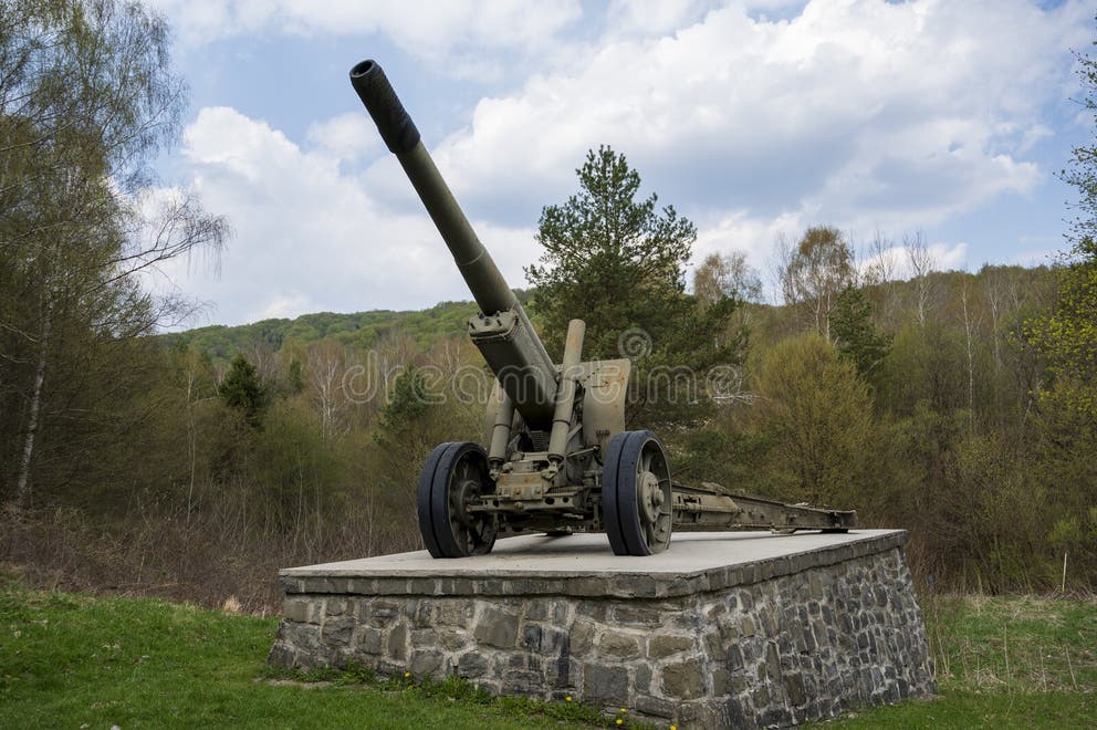 Cannon from the Second World War in Forest on Concrete Base Editorial ...
