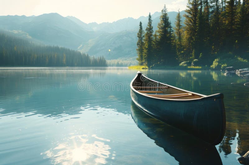 Canoe in Calm Lake with Mountains in Reflection Stock Image - Image of ...