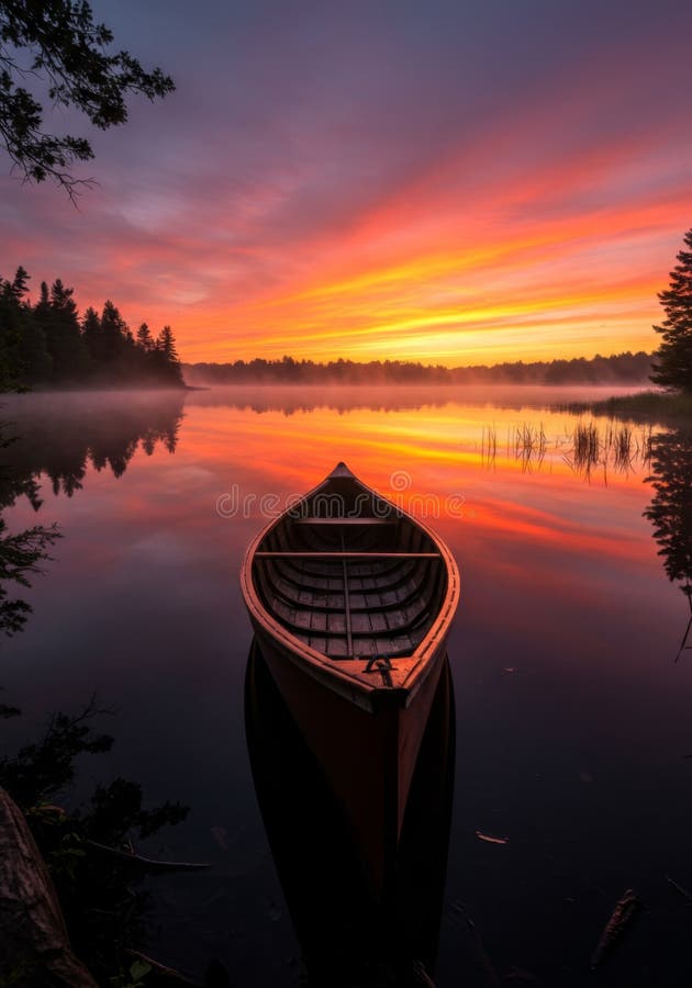 Canoe on Calm Lake at Sunrise with Orange and Red Sky Reflection Stock ...