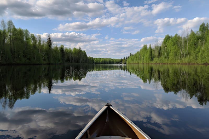 Canoe on Glassy Lake, with Reflections of Trees and Sky Visible Stock ...