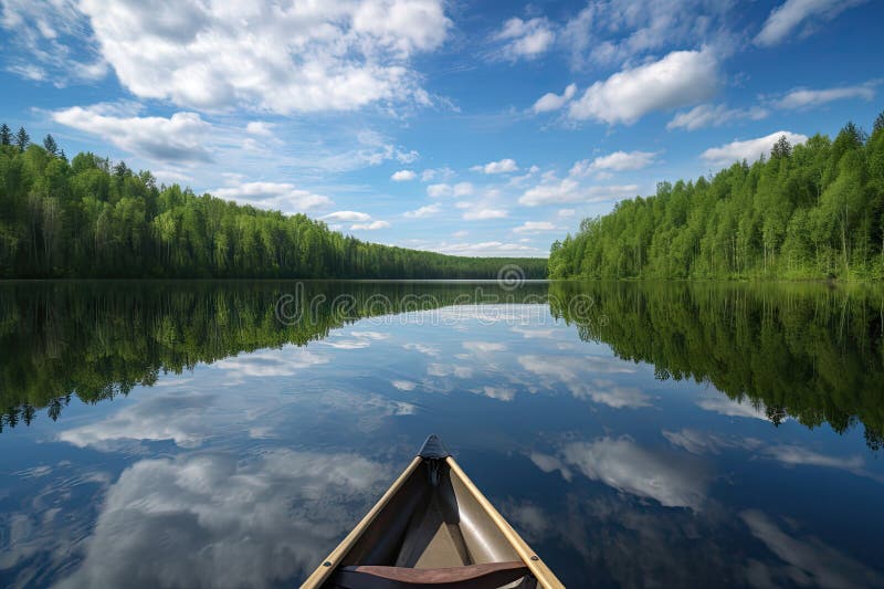 Canoe on Glassy Lake, with Reflections of Trees and Sky Visible Stock Illustration ...