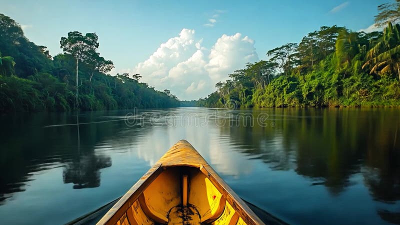 A Canoe Glides Peacefully on a Tranquil River Surrounded by Dense ...