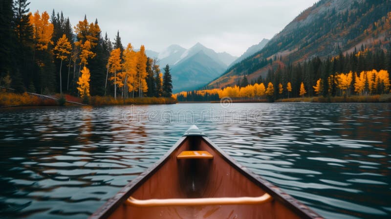 A Canoe Glides through a Tranquil Lake, Surrounded by Vibrant Fall ...