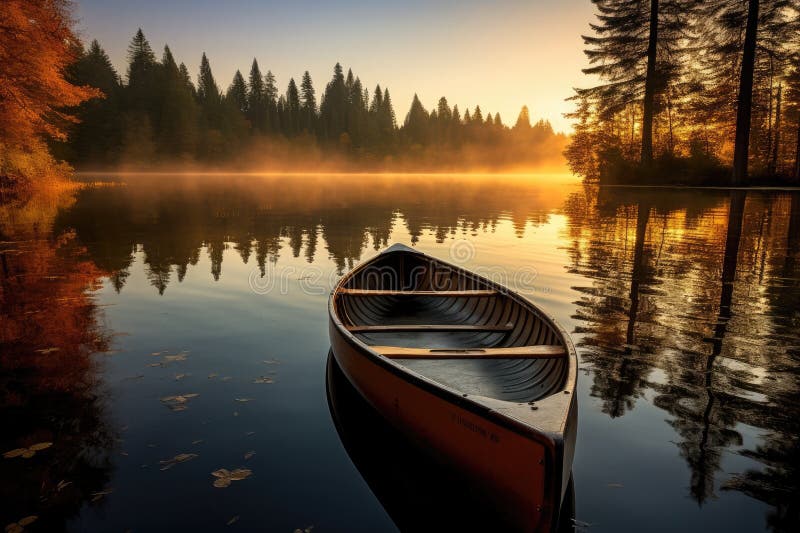A canoe on a lake stock illustration. Illustration of sunrise - 289906629