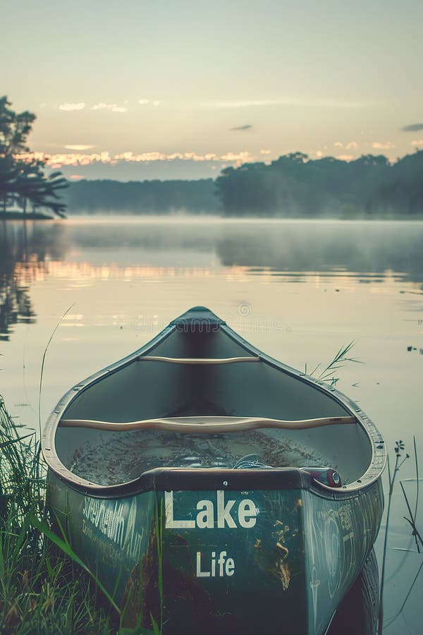 Canoe on Misty Lake with Lake Life Text Stock Image - Image of serenity ...