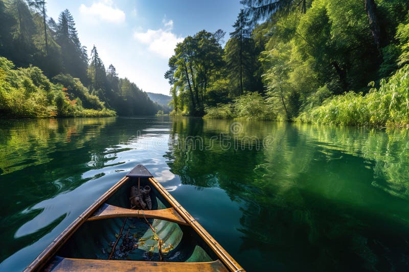 A Canoe Paddling Down a River. View from Canoe the Front Part. Stock ...