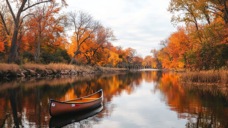 Canoe Resting on Calm Water with Fall Foliage Reflections Stock ...