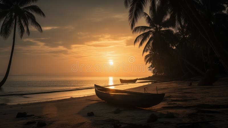Canoe on a Sandy Tropical Beach at Sunset Stock Illustration ...