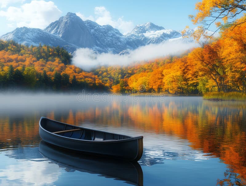 Canoe on the Surface of a Mountain Lake, Autumn, Against the Backdrop ...