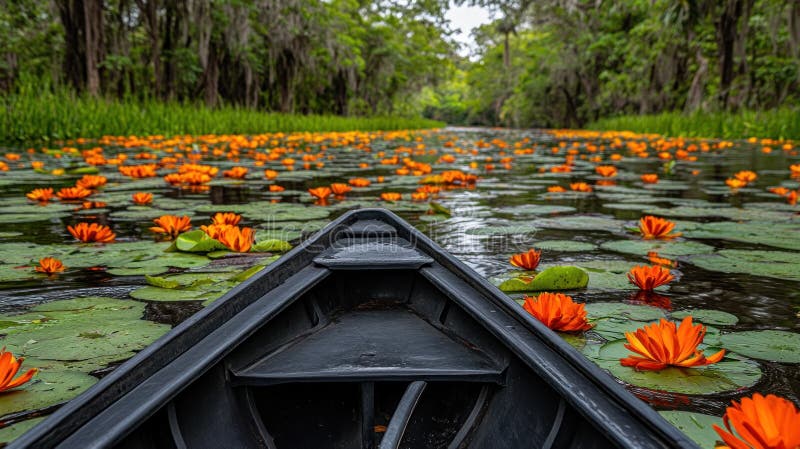 Canoe Trip through Swamp, Orange Lilies Stock Illustration ...