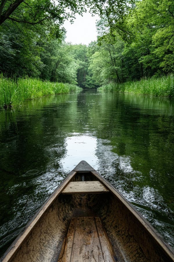 Canoeing Down a River Surrounded by Lush Greenery. Stock Illustration ...