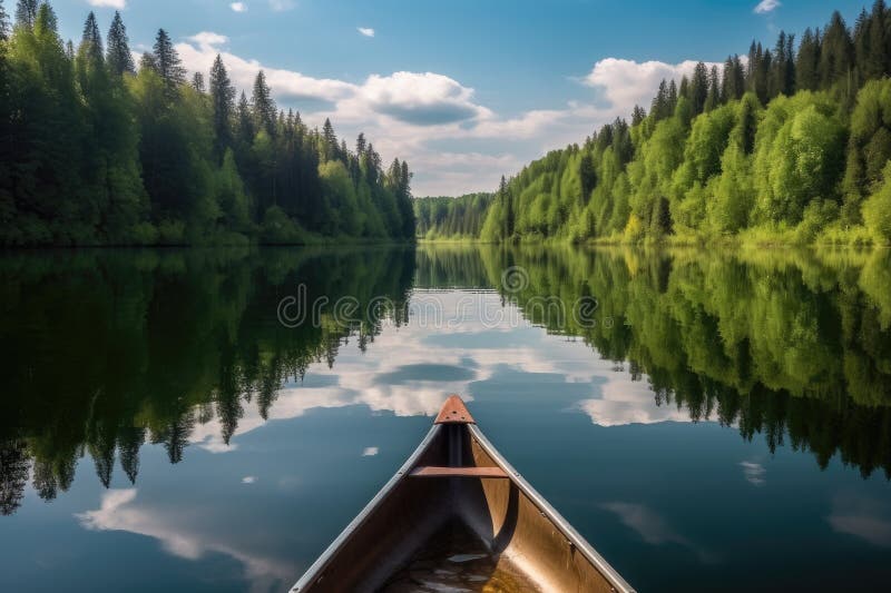 Canoeing or Kayaking on the Calm Waters of a Lake, with Beautiful ...