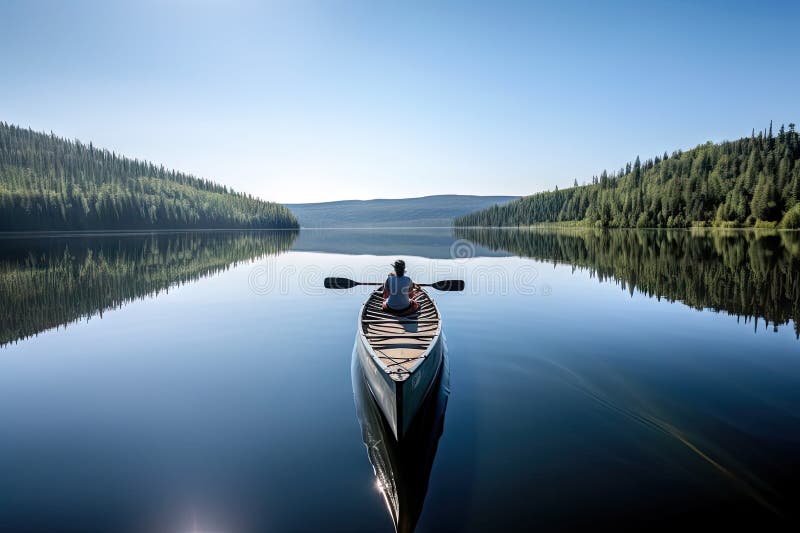 Canoeing or Kayaking on the Calm Waters of a Lake, with Beautiful ...