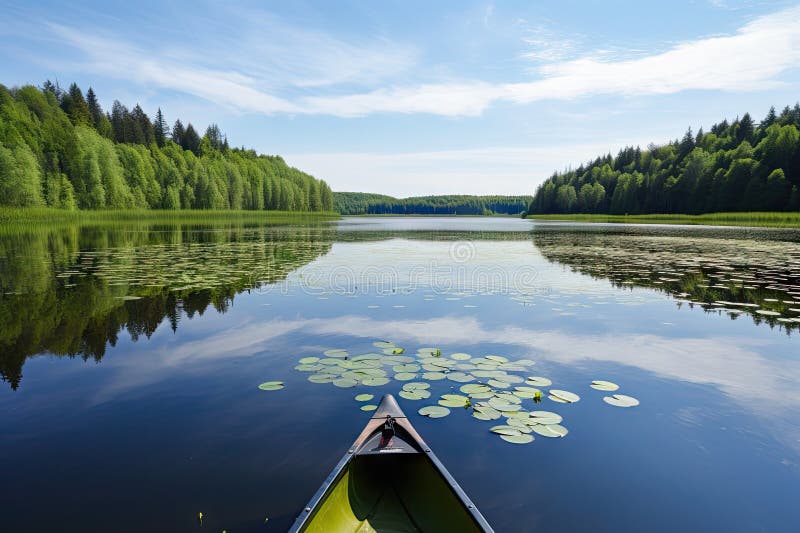 Canoeing or Kayaking on the Calm Waters of a Lake, with Beautiful ...