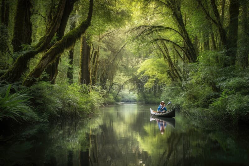 Canoeist Exploring Lush Forest, with Tall Trees and Peaceful Water ...