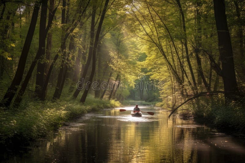 Canoeist and Kayaker Paddling through a Quiet Forest, with Sunlight ...