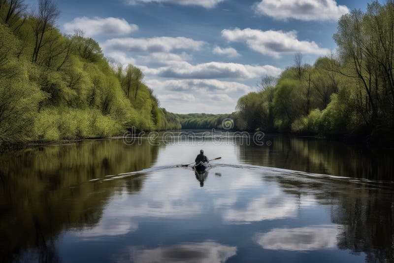 Canoeist Paddling through Calm and Serene Lake, with Towering Mountains ...