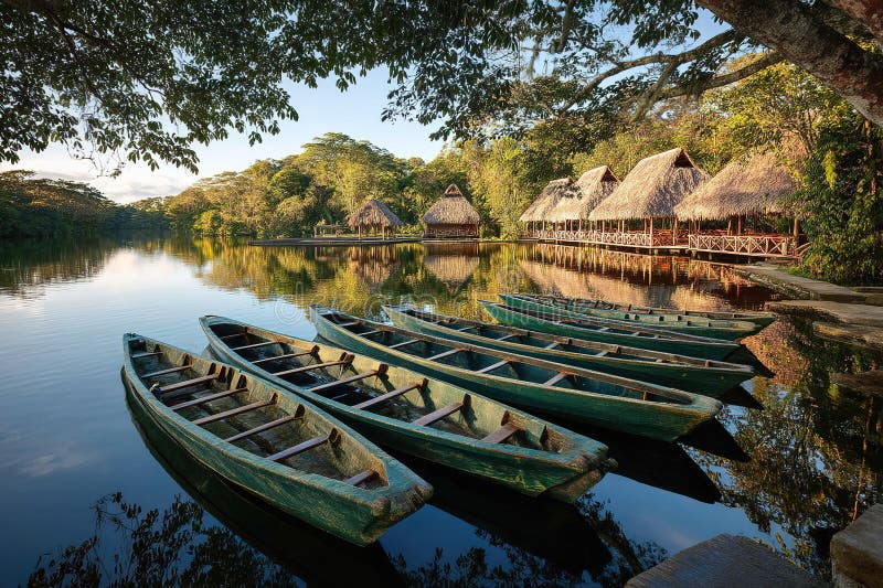 Canoes Lined Up Along a Calm River Reflecting Lush Greenery and ...