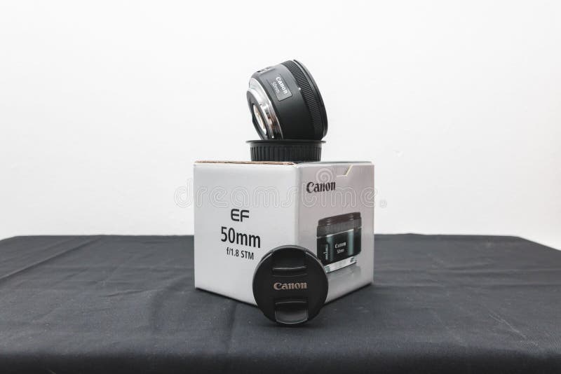 Canon 50mm 1.8 STM Lens on Its Box on a Black Table Editorial Image ...