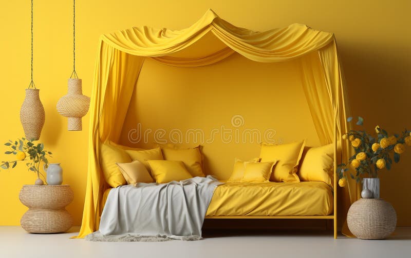 Canopy Bed Affixed To Yellow Wall -Generative Ai Stock Illustration ...