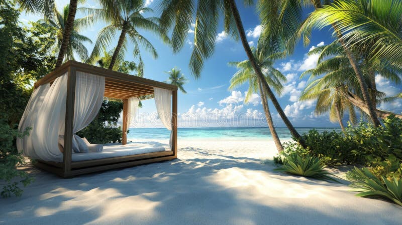 A Canopy Bed on a Tropical Beach with Palm Trees Stock Illustration ...