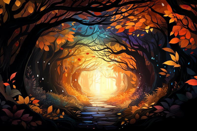 A Canopy of Colorful Leaves Creating a Magical Forest Tunnel Vector ...
