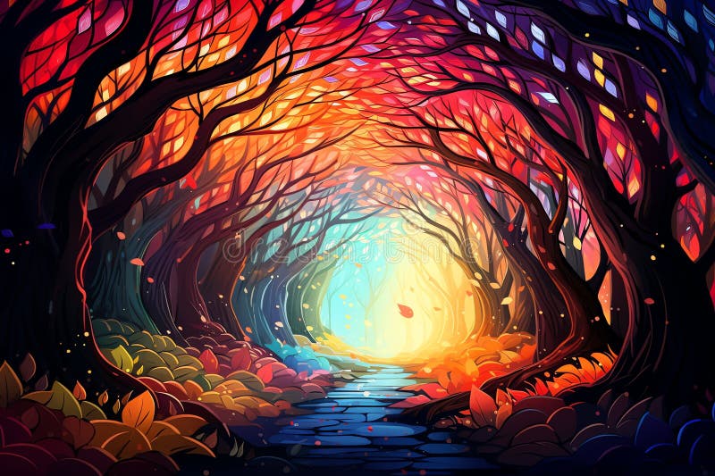 A Canopy of Colorful Leaves Creating a Magical Forest Tunnel Vector ...