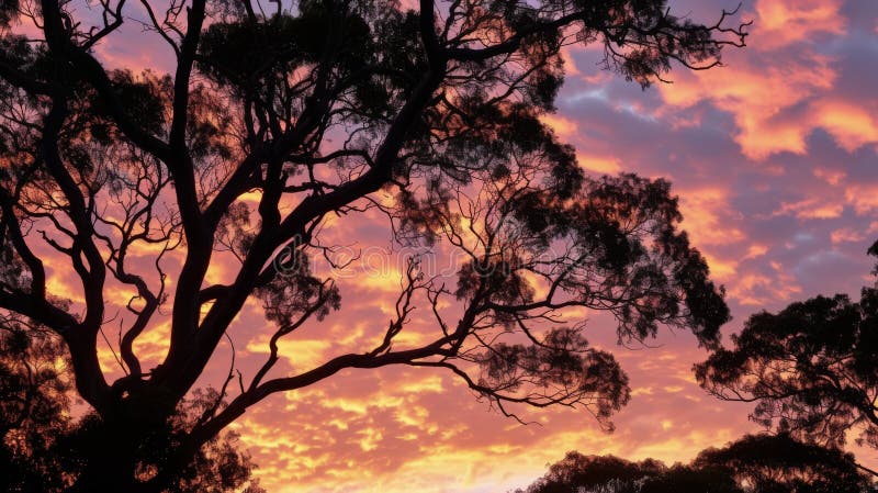 A Canopy of Trees Creates a Dramatic Silhouette Against the Deep Orange ...