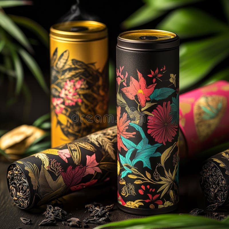 Cans of Coffee with Floral Pattern on the Background of Green Leaves ...