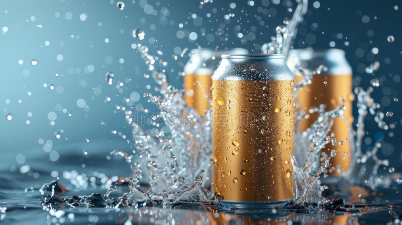 Cans of Cold Beverage with Water Splash on Reflective Surface ...