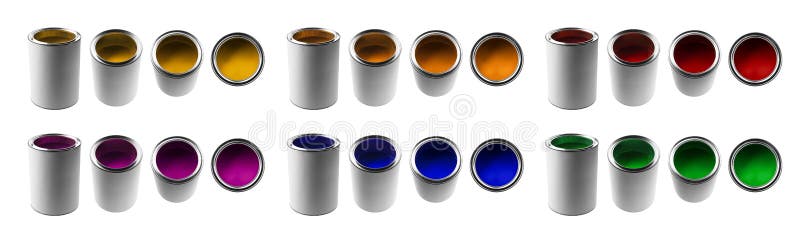 Cans with Different Colors of Paints in Different Angles on a White ...