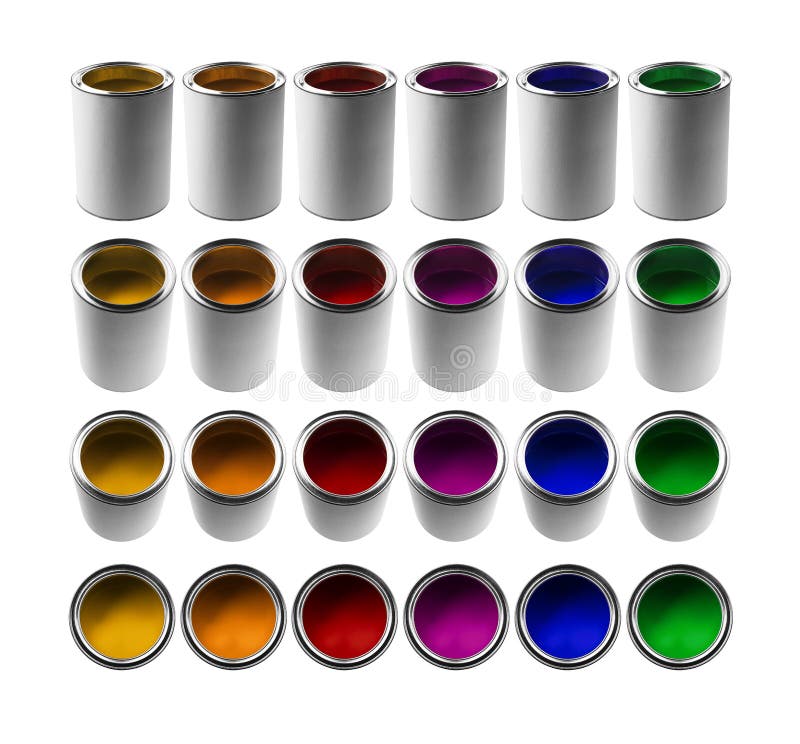 Cans with Different Colors of Paints in Different Angles on a White ...