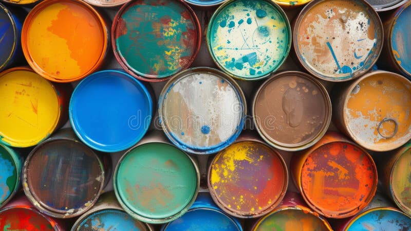 Cans with Different Decorators Paints on White Background, Top View ...