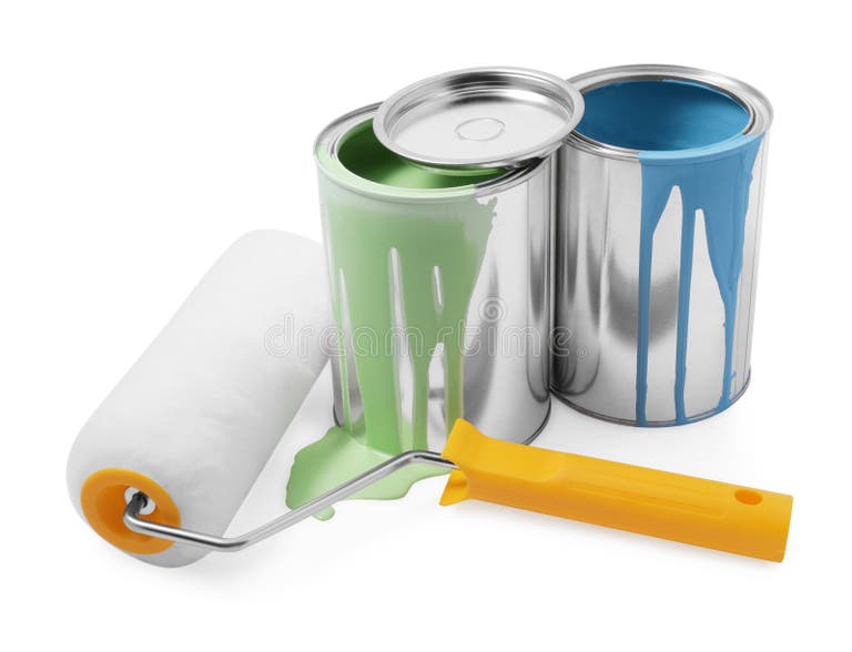 Cans of Green and Light Blue Paints and Roller Isolated on White Stock Photo - Image of house ...
