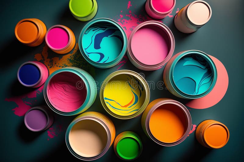 Cans of Paint of Different Colors, Top View. Generative AI Stock ...