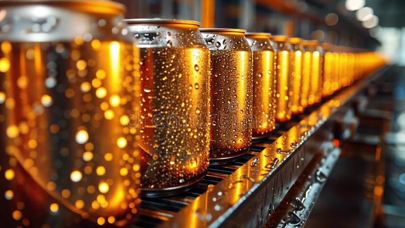 Cans of Soda are Being Processed on a Conveyor Belt Filled with ...