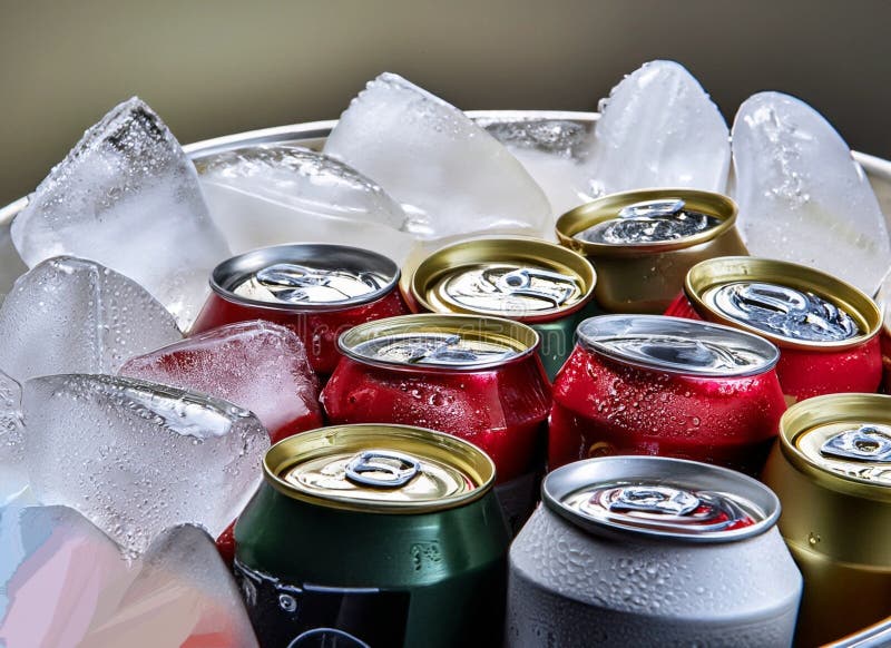 Cans of Soft Drinks in a Bucket with Ice. Cooling Off in Summer Due To ...