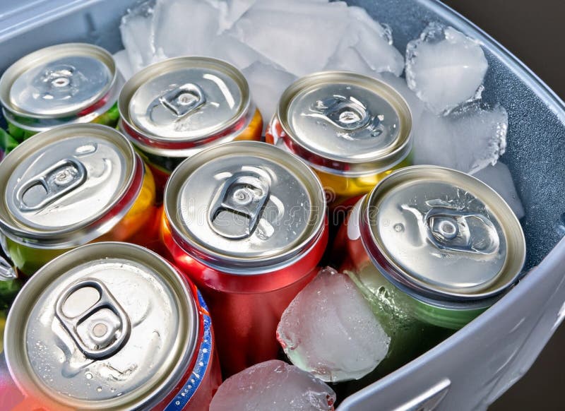 Cans of Soft Drinks in a Bucket with Ice. Cooling Off in Summer Due To ...
