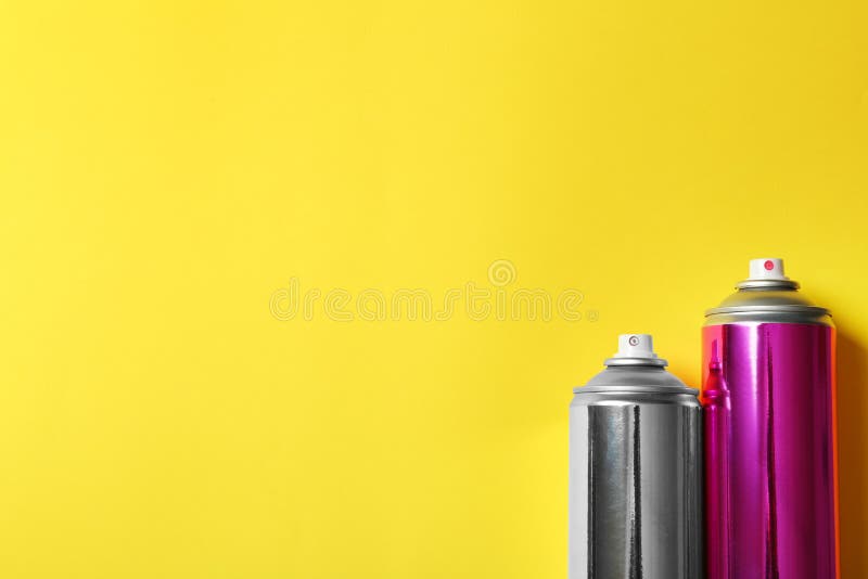 Cans of Spray Paint on Color Background, Flat Lay Stock Image - Image ...