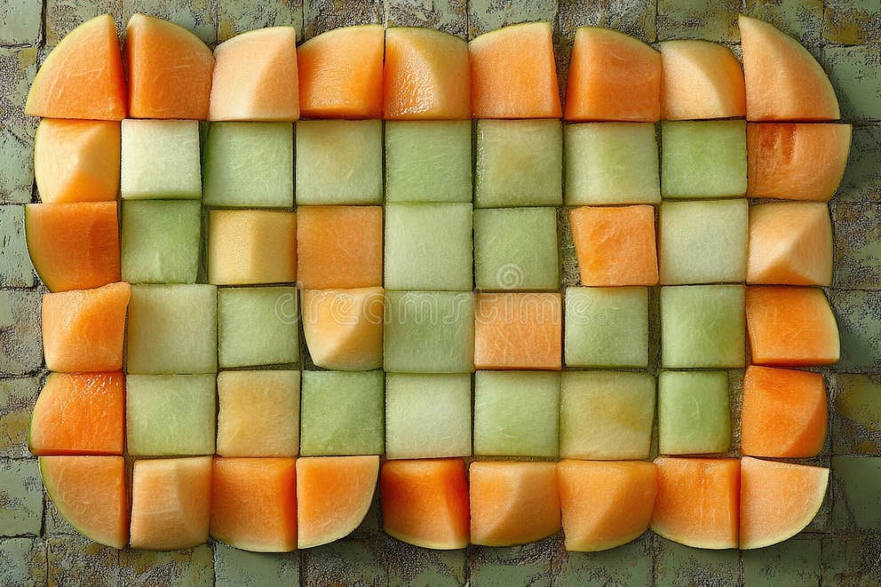 Cantaloupe and Honeydew Melon Cubes Arranged in a Grid Pattern Stock ...