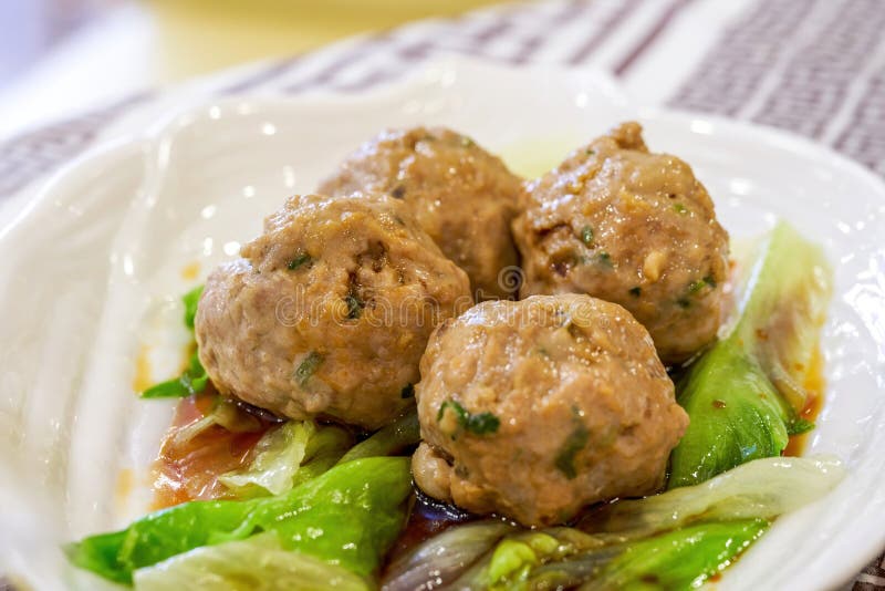 A Cantonese Morning Tea Dim Sum, Handmade Beef Balls with Parsley Stock ...