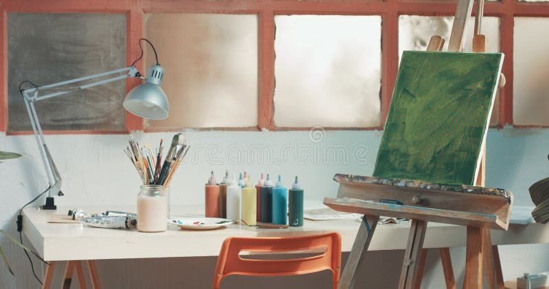 Art Studio with a Process of Painting Stock Photo - Image of paintbrush ...