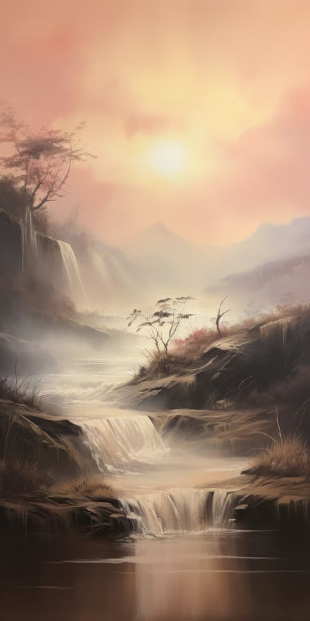 Mystical Waterfall: a Serene Stream Painting with Fog and Soft Sunrise ...