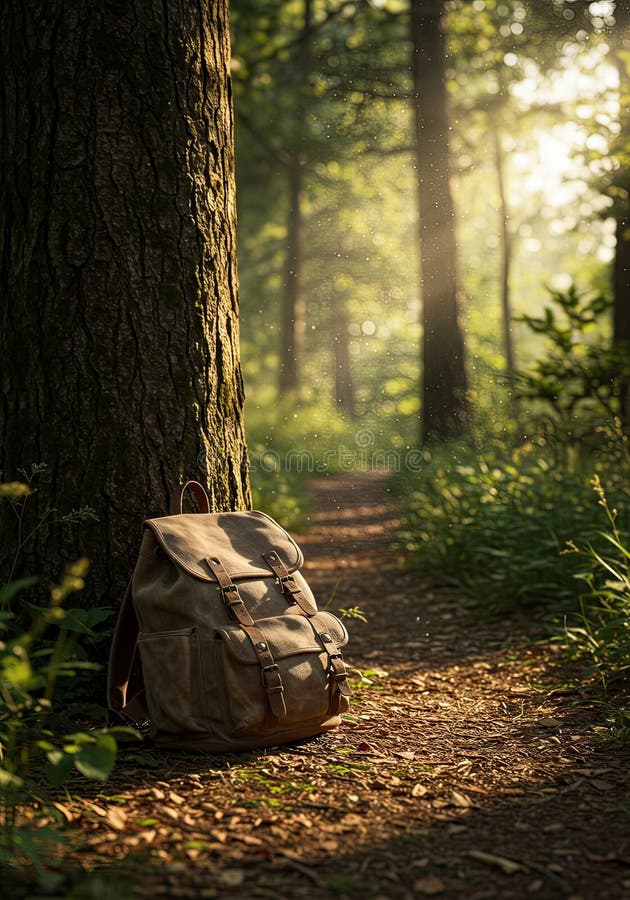Canvas Backpack on Forest Path in Sunlight Stock Illustration - Illustration of summer, forest ...