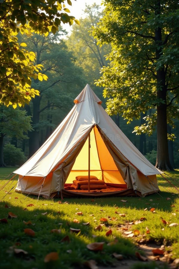 Canvas Bell Tent Basking in Warm Sunlight, Shadows Dappled on the ...