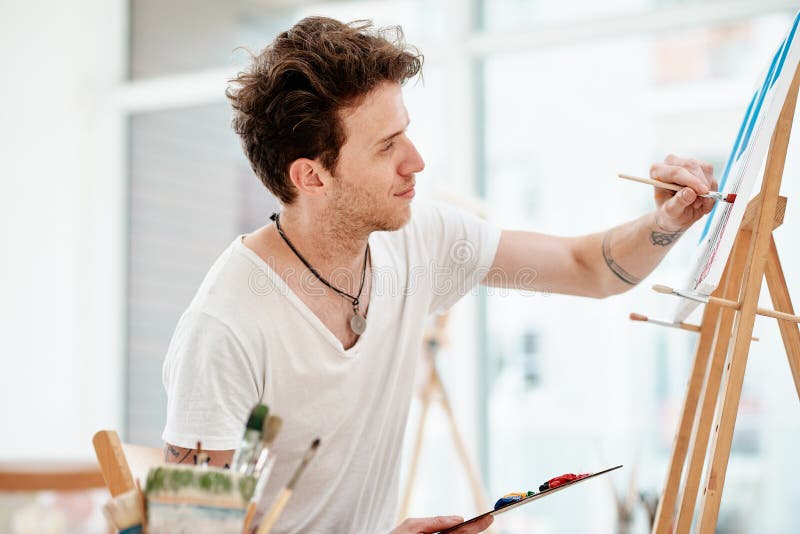 Canvas, Man and Creativity with Paint, Inspiration and Hobby with Ideas ...