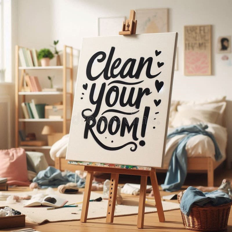A Canvas Propped Against an Easel with the Word "clean Up Your Mess ...