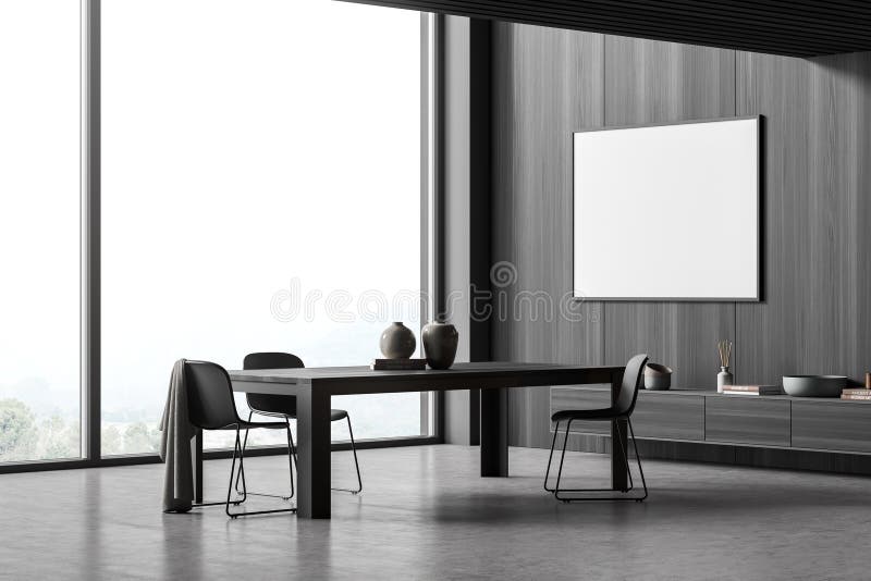 Canvas on Wall of Panoramic Grey Living Space with Table. Corner View ...